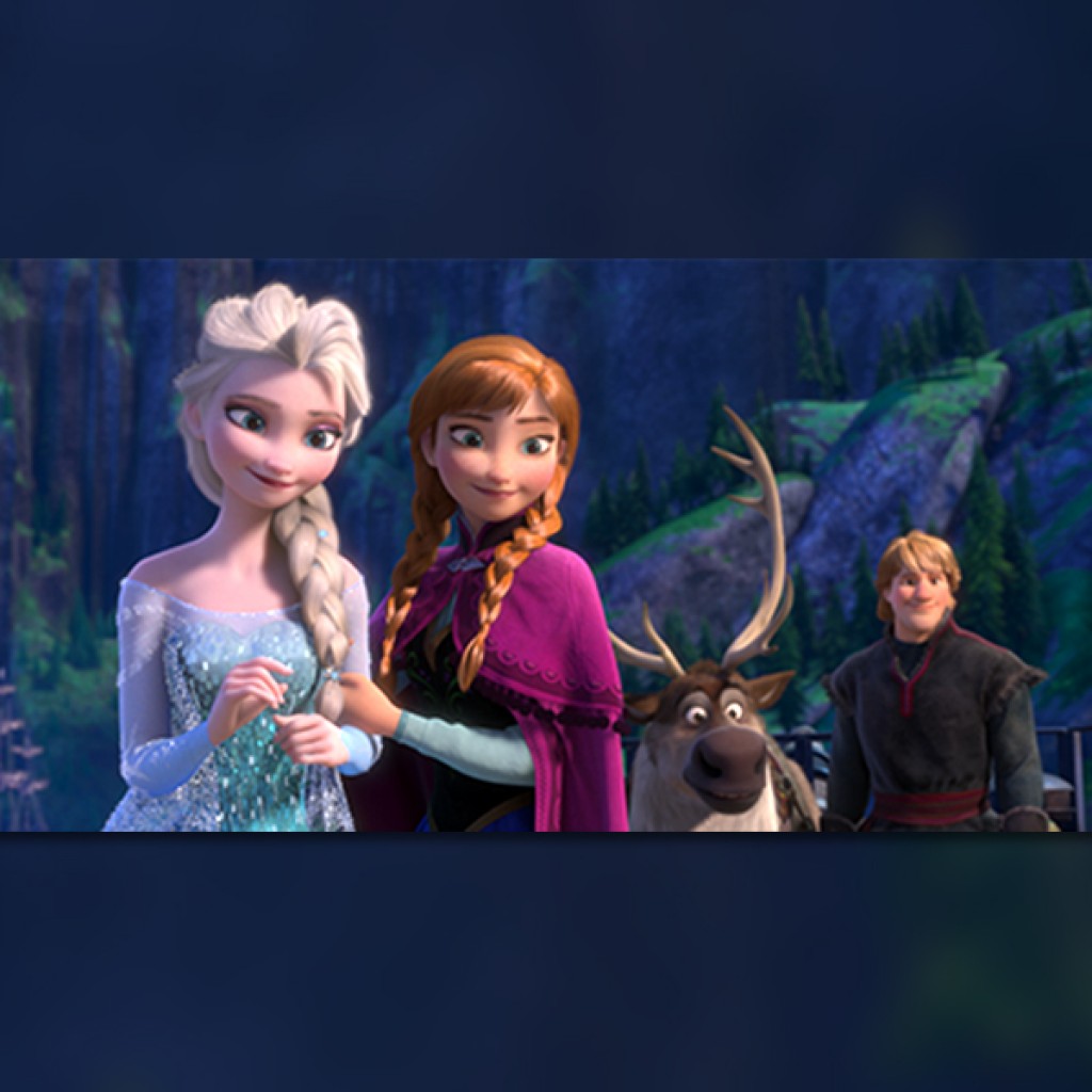 Frozen's Elsa, Anna, Sven the moose, and Krstoff - D23