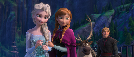 Frozen's Elsa, Anna, Sven the moose, and Krstoff - D23